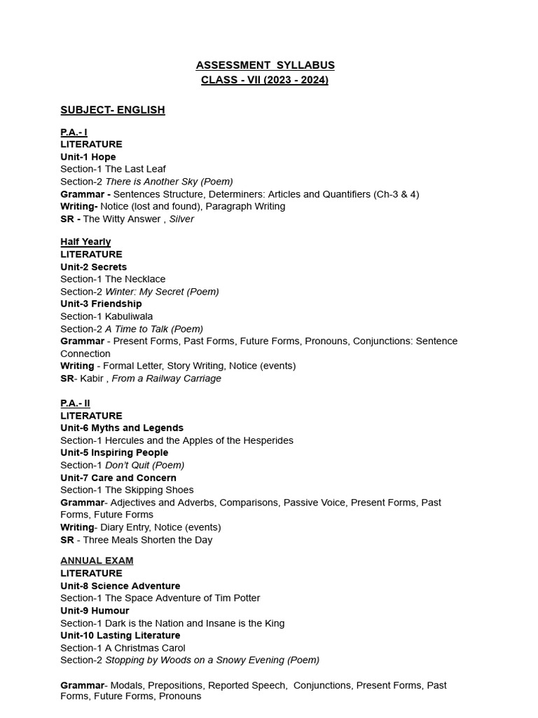 Class VII Assessment Syllabus | PDF