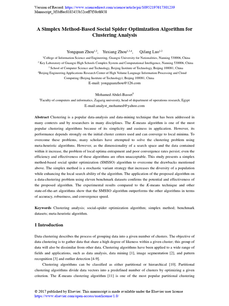 A Simplex Method-Based Social Spider Optimization Algorithm For Clustering Analysis | PDF ...