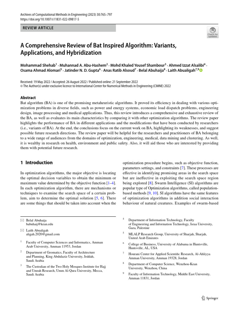 A Comprehensive Review of Bat Inspired Algorithm: Variants, Applications, and Hybridization ...