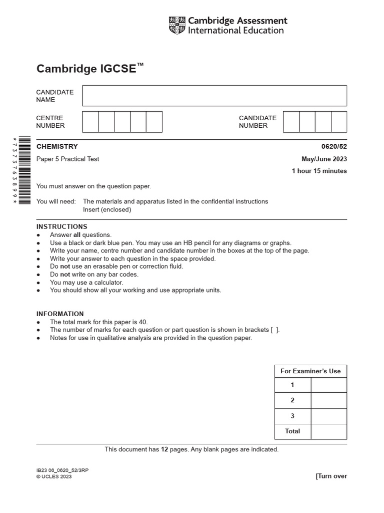 Cambridge IGCSE: CHEMISTRY 0620/52 | PDF | Solubility | Oxide