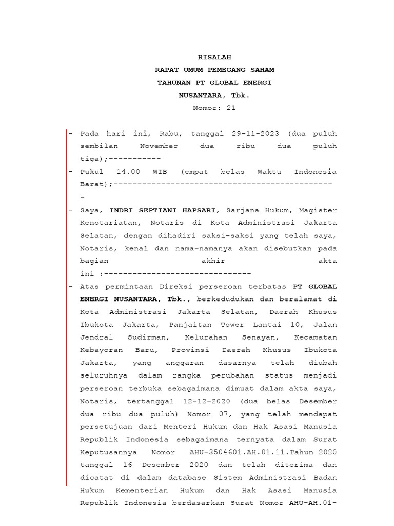 Risalah RUPS PT Global Energi Nusantara, Tbk. | PDF