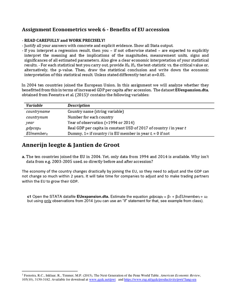 Assignment Econometrics Week 6 Period 1 EU Expansion | PDF | Statistics | Data Analysis