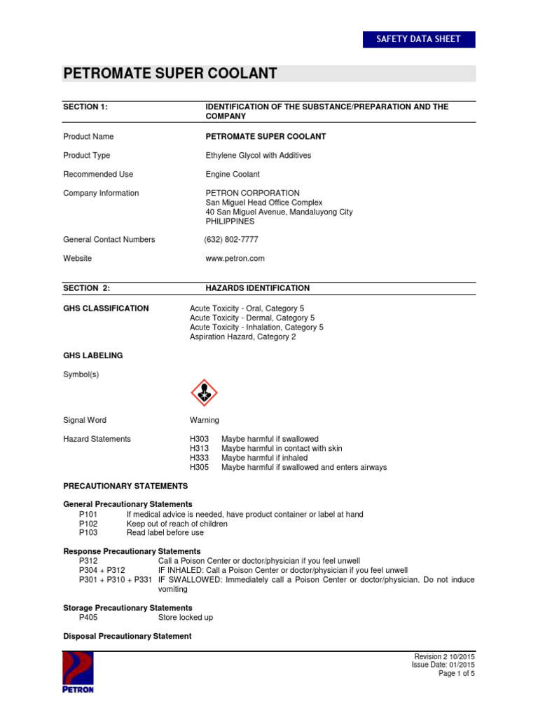 Petromate Super Coolant Safety Data | PDF | Toxicity | Safety