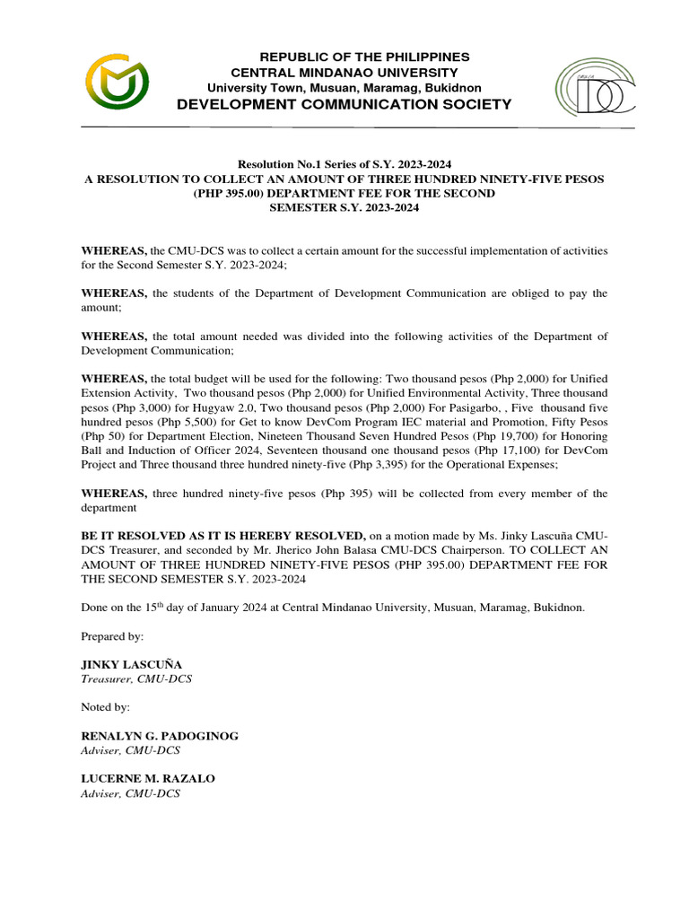 CMU DevCom Dept Fee Resolution 2024 | PDF