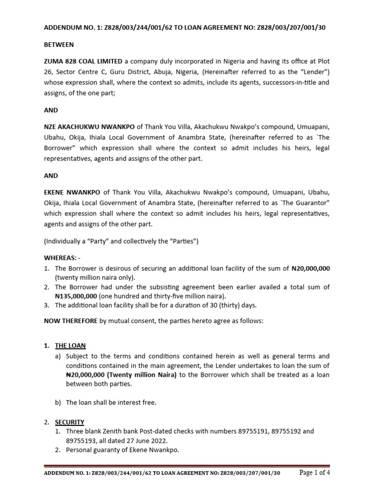 Addendum To Loan Agreement BTWN Z828 and Nze Akachukwu | PDF | Loans | Debt