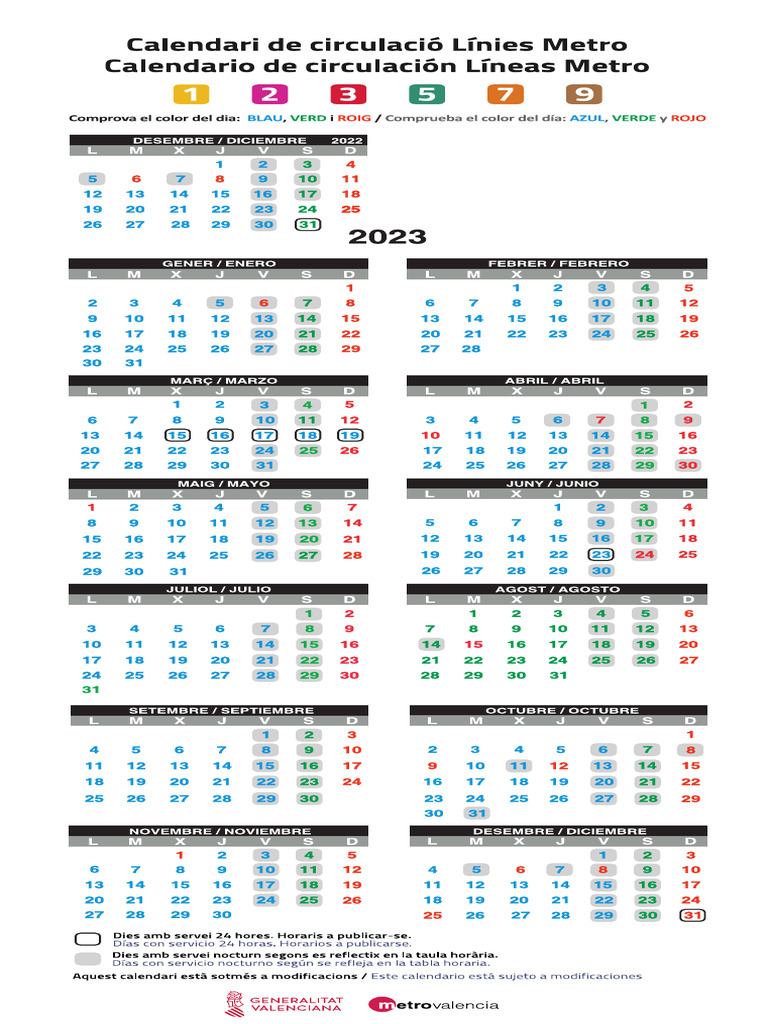 Calendario Circulacion L1 L2 L3 L5 L7 L9 2023 Metrovalencia | PDF