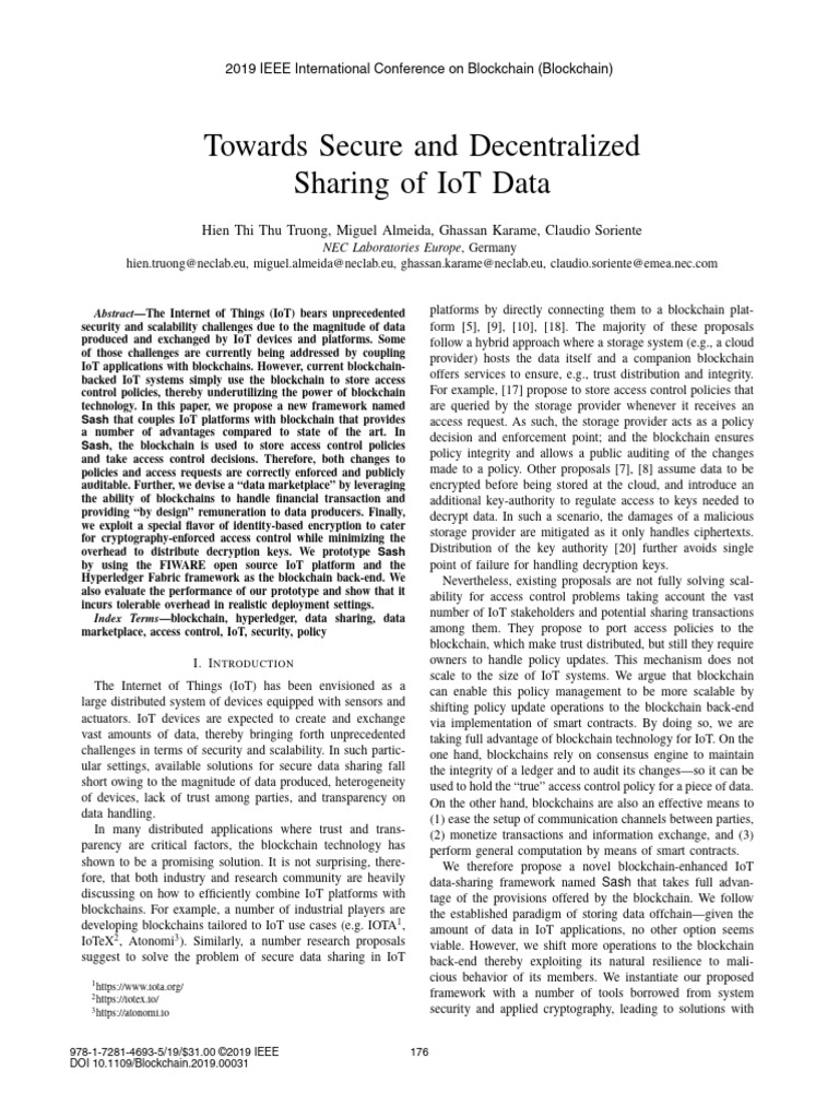 Secure and Decentralized Sharing of Iot Data | Download Free PDF | Encryption | Internet Of Things
