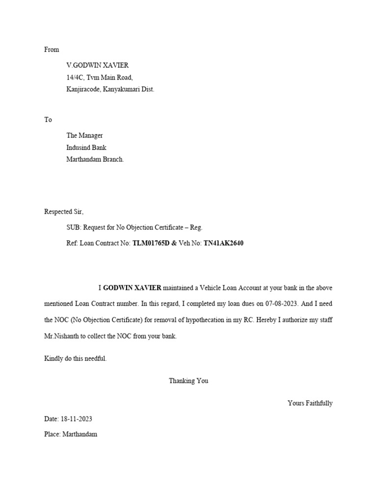 Request for NOC from Indusind Bank | PDF