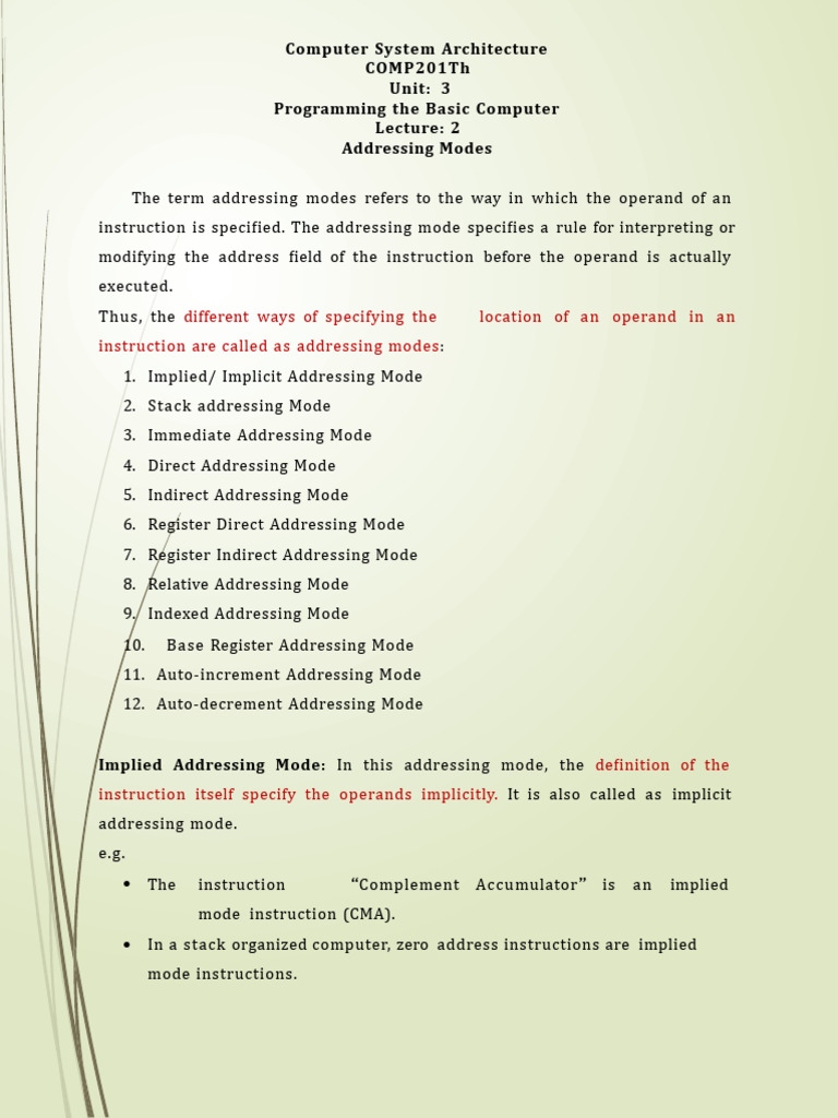 Comp201TH Unit 3 Lecture 2 Addressing Modes | PDF | Central Processing Unit | Computer Hardware