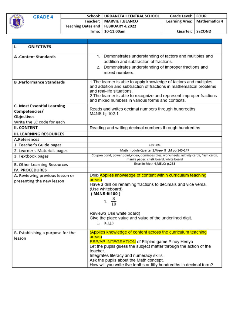 Cot Demo Lesson Lac Session Math | PDF | Teaching Methods & Materials | Art
