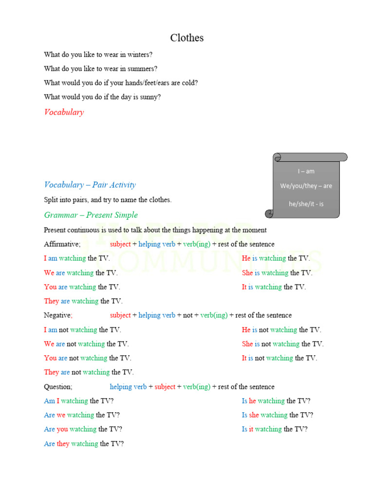 Present Simple and Continuous Clothes | PDF | Fashion | Grammar