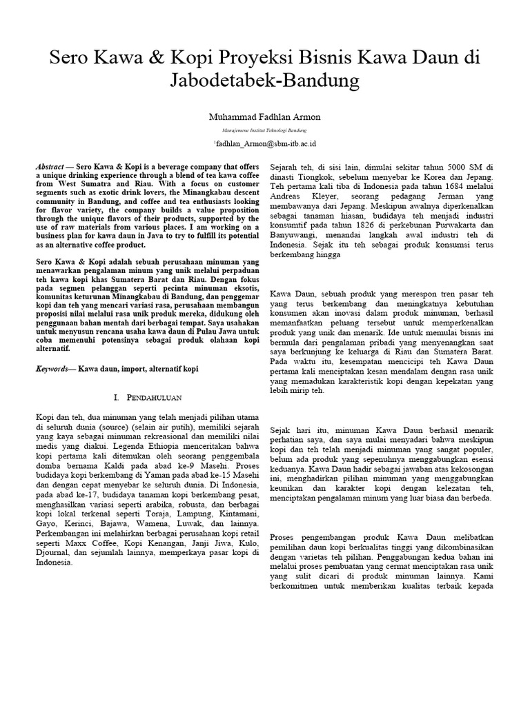 Sero Kawa & Kopi Proyeksi Bisnis Kawa Daun Di Jabodetabek-Bandung | PDF