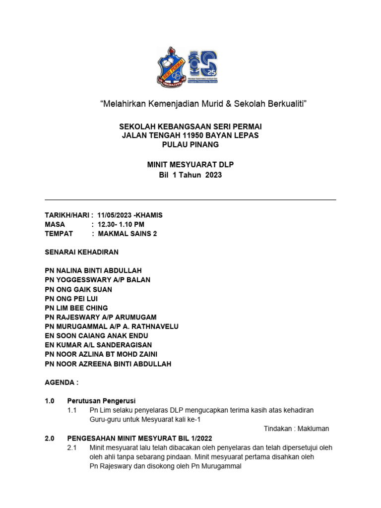 Minit Mesyuarat DLP 1 2023 | PDF