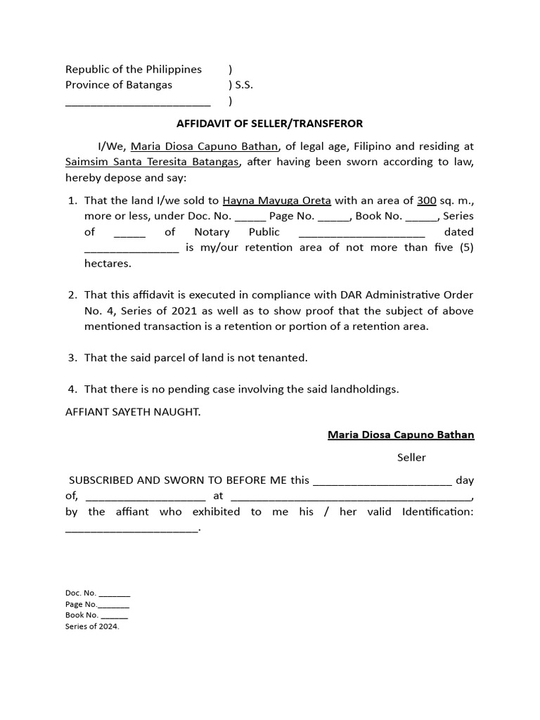 AFFIDAVIT OF SELLERn TRANSFEROR | PDF