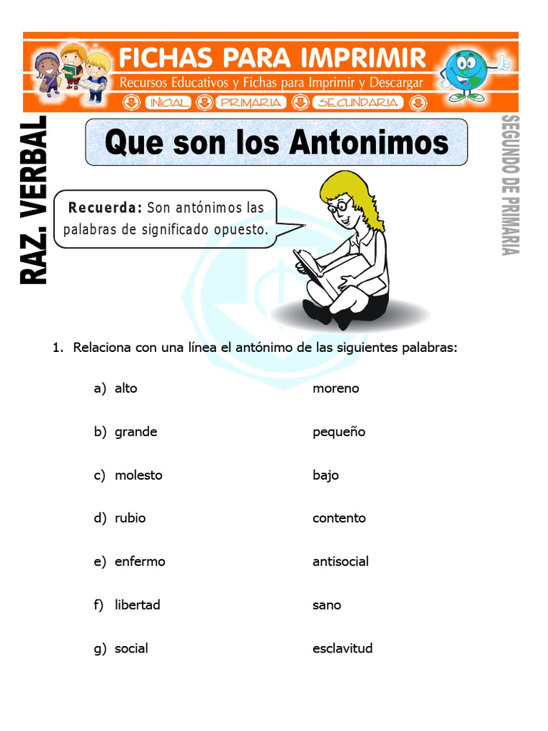 Ficha de Que Son Los Antonimos para Segundo de Primaria | PDF
