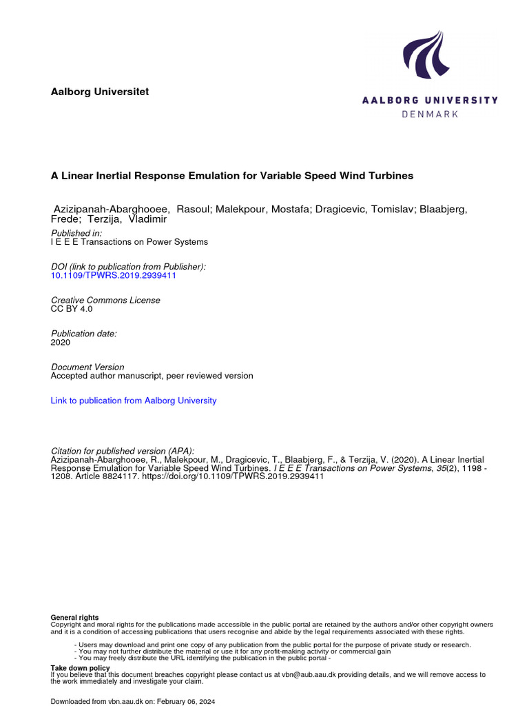 A Linear Inertial Response Emulation For Variable Speed Wind Turbines | Download Free PDF ...