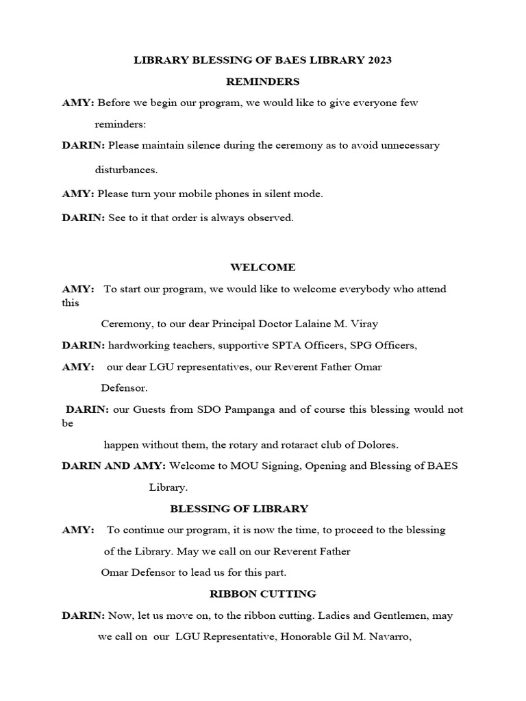 Library Blessing Script | PDF