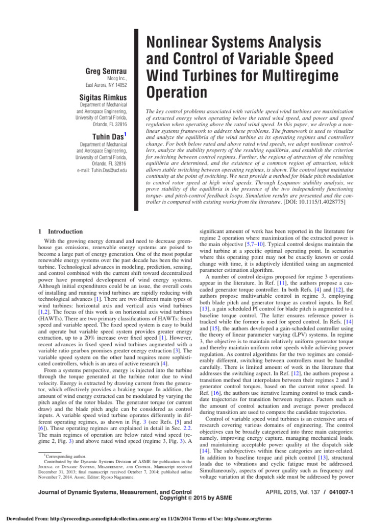 Nonlinear Systems Analysis and Control of Variable Speed Wind Turbines For Multiregime Operation ...