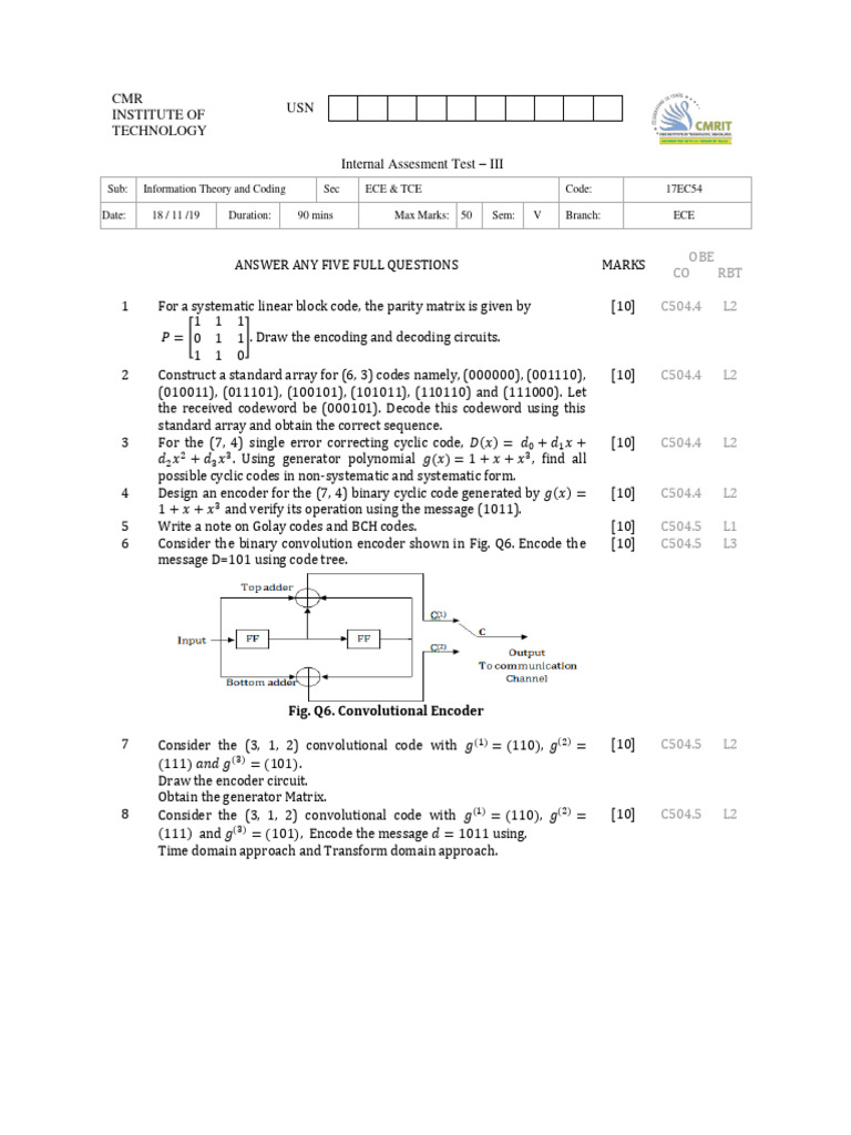 IAT-III Question Paper With Solution of 17EC54 Information Theory and Coding Nov-2019-Harsha B K ...