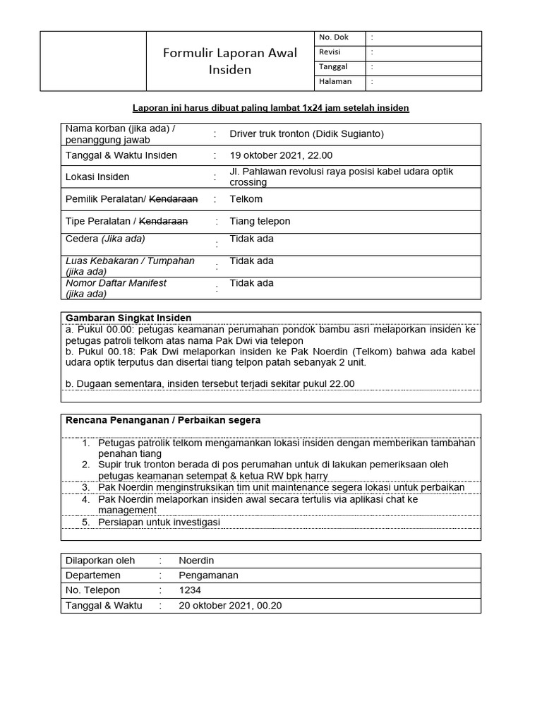 Contoh Laporan awal insiden | PDF
