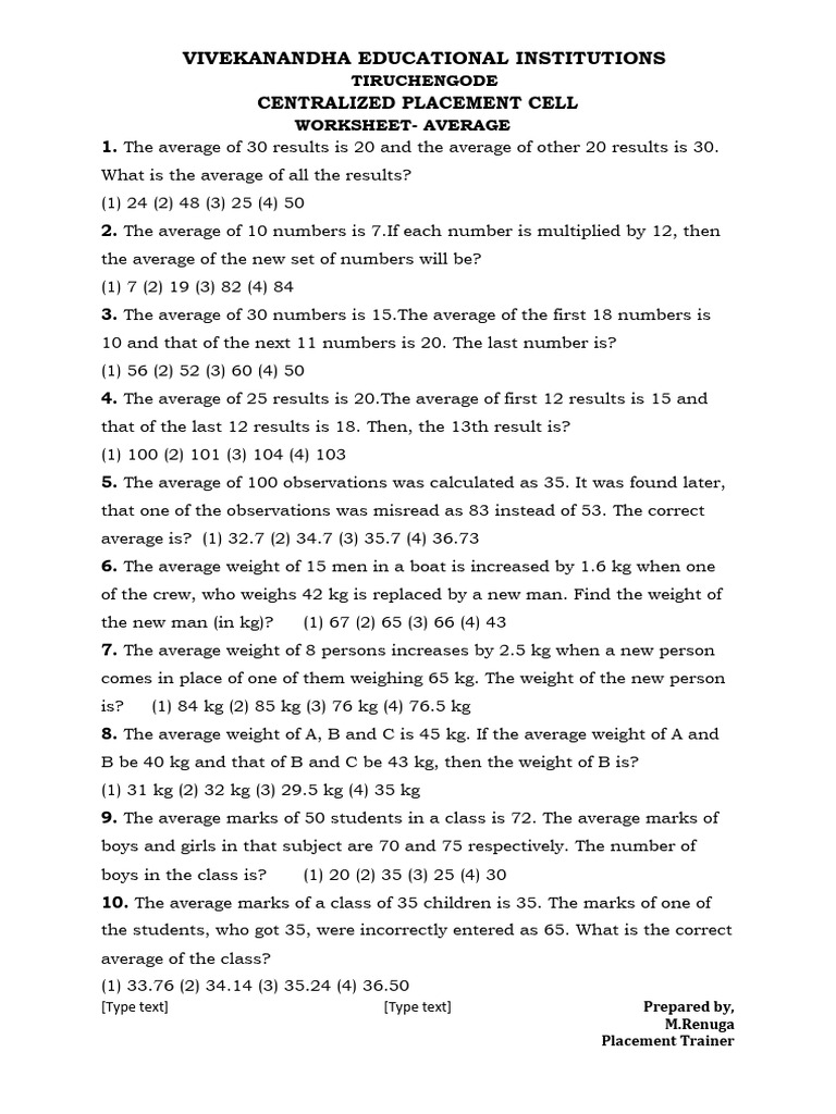 Worksheet - AVERAGE | PDF | Average | Mathematics