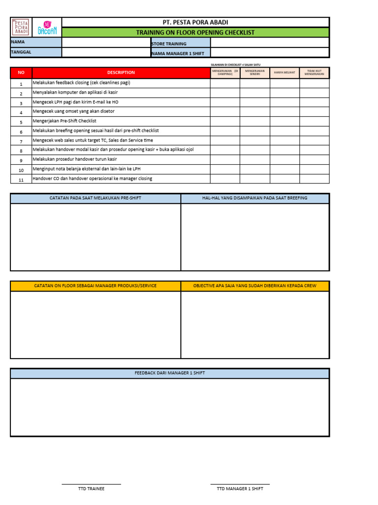 On Floor Checklist | PDF