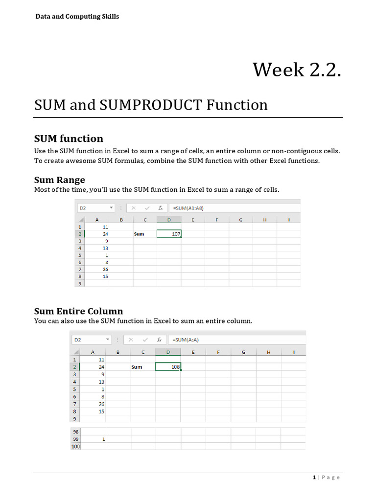 Week 2 2 Functions SUM SUMPRODUCT Reading | PDF | Microsoft Excel | Function (Mathematics)