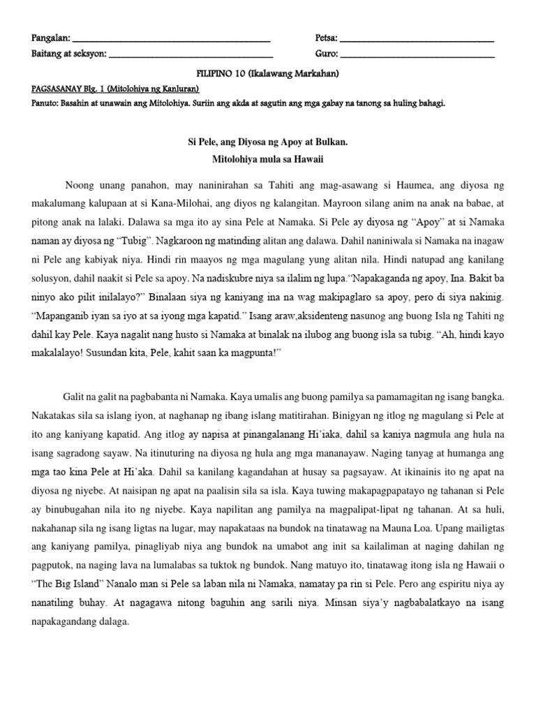 Si Pele Ang Diyosa NG Apoy at Bulkan (Mitolohiya) | PDF