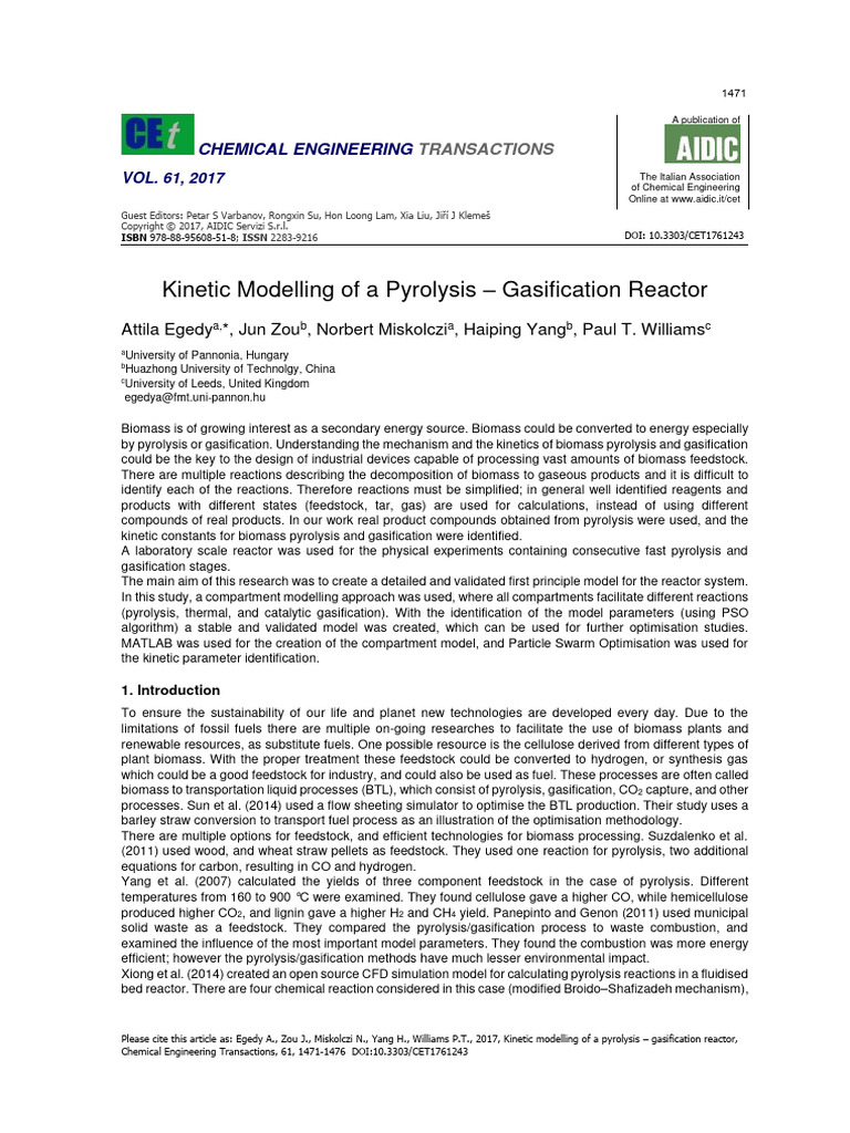 Kinetic Modelling of A Pyrolysis - Gasification Reactor: Chemical Engineering | PDF | Pyrolysis ...