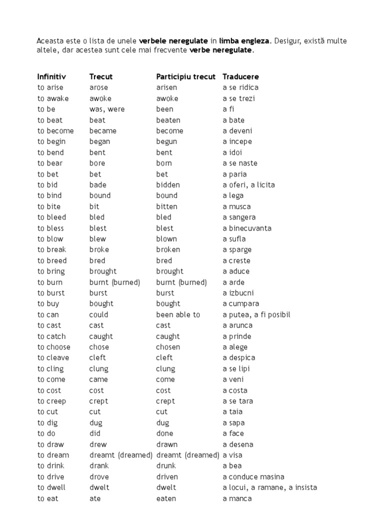 Verbe Neregulate in Engleza | PDF