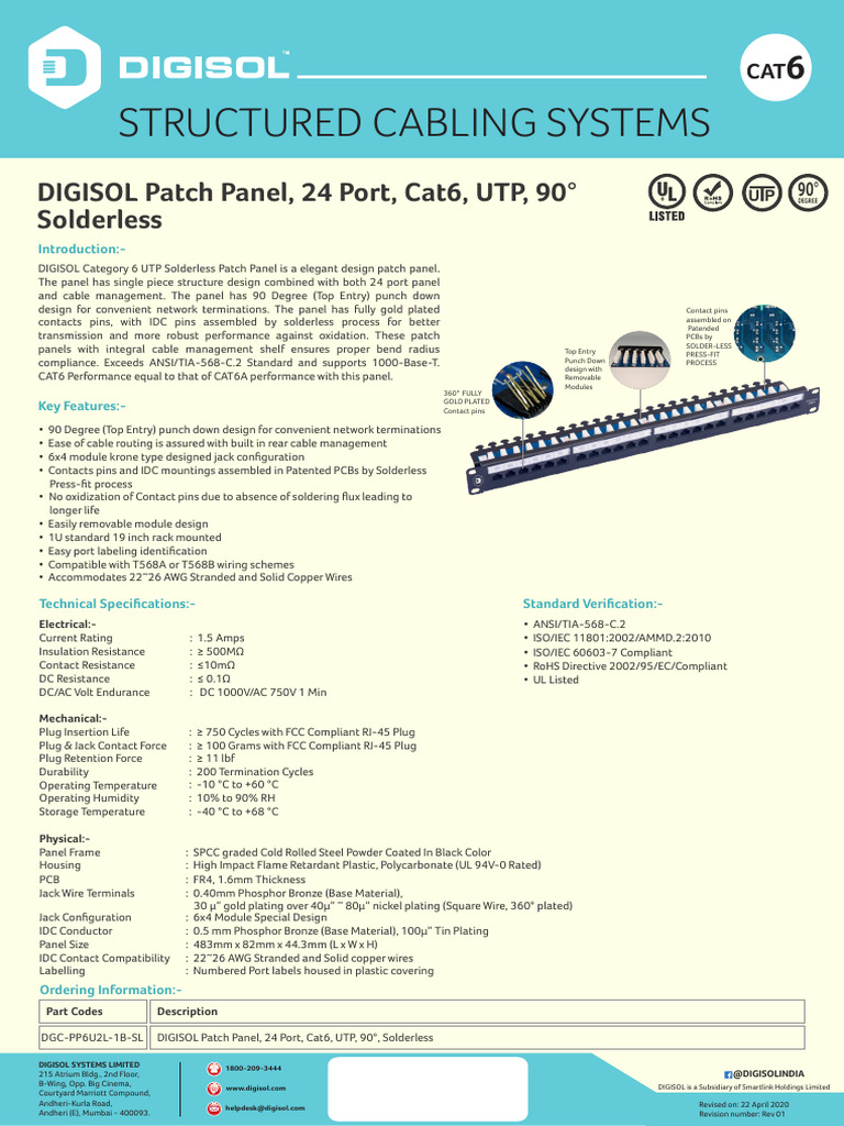 Patch Panel, 24 Port, Cat6, UTP, 90° - SL - 22.04.2020 - Rev01 | PDF ...