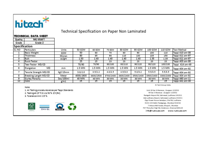 TDS MG Kraft Paper Hi Tech Group | PDF | Printing Materials | Paper