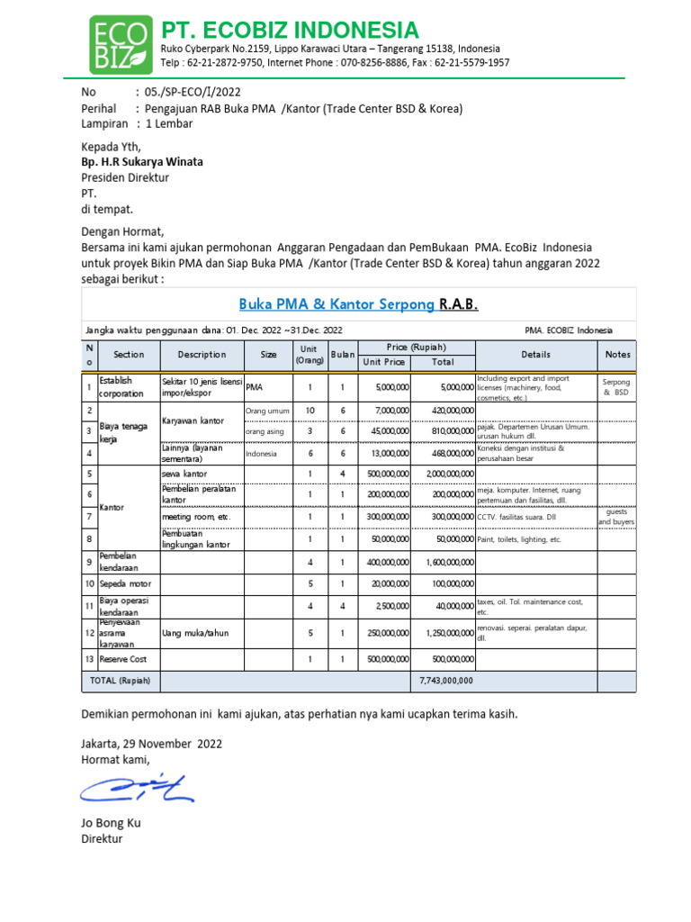 RAB Pembukaan PMA EcoBiz Indonesia | PDF | Bisnis | Teknologi & Rekayasa