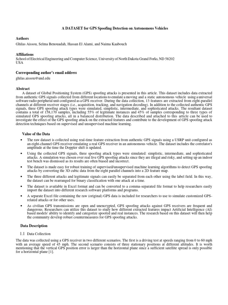 A Dataset For Gps Spoofing Detection On Autonomous Vehicles Pdf