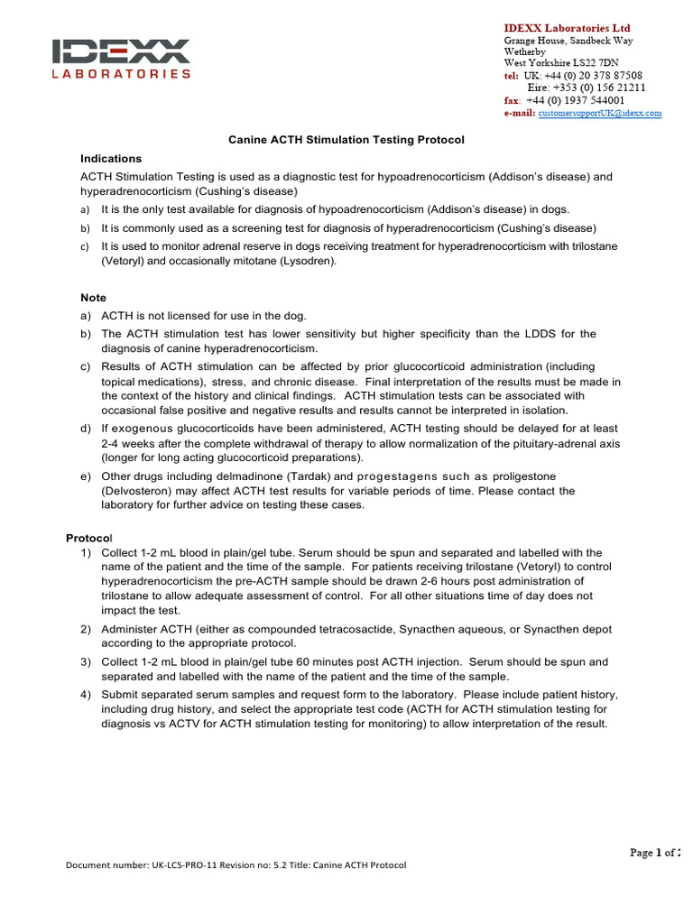Acth Stimulation Testing Protocol Canine | PDF | Health Care | Medical ...