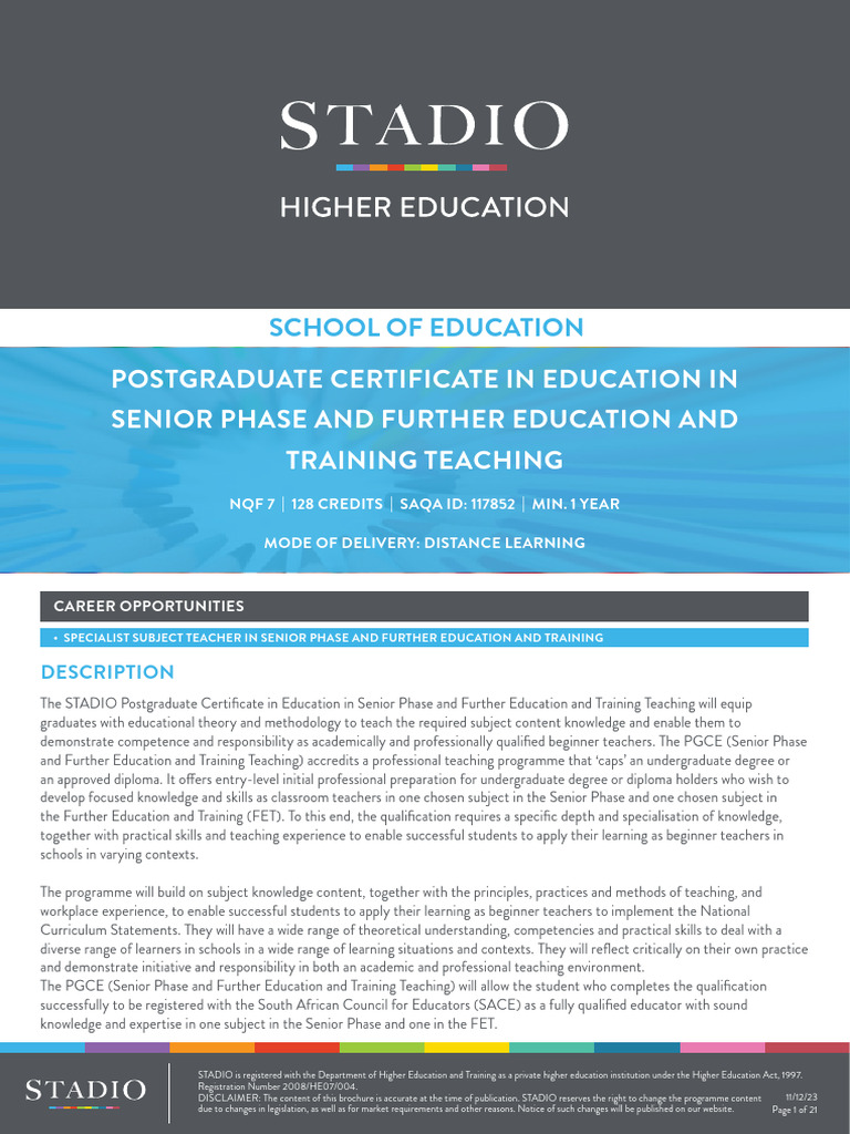 SOE - PGCE in Senior Phase and Further Education and Training Teaching ...