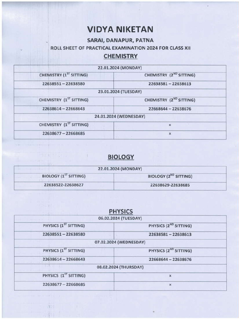 Class XII Practical Exam Roll Sheet 2024 | PDF