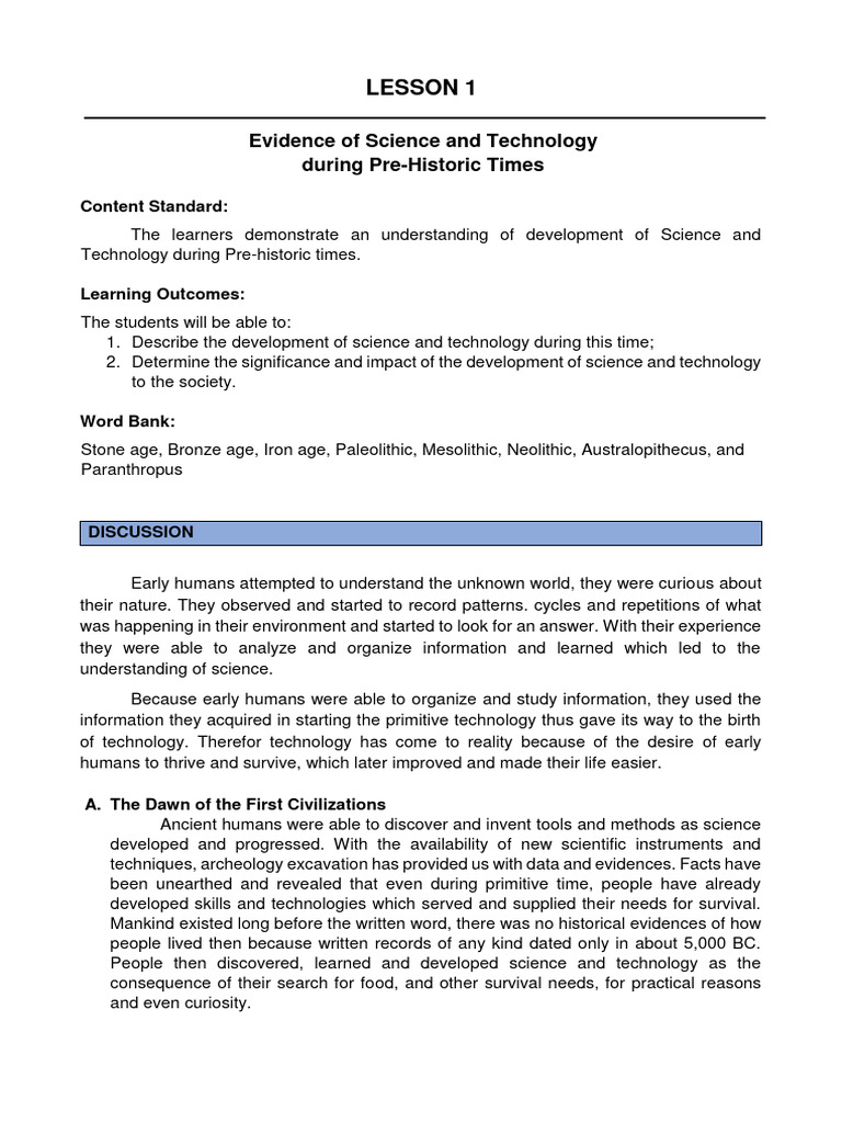 LESSON 1 Evidence of Science and Technology During Pre-Historic Times | PDF | Bronze | Bronze Age