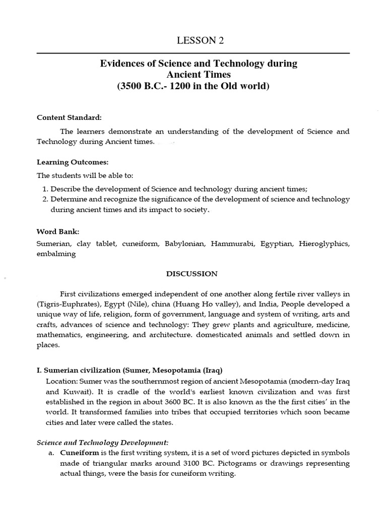 LESSON 2 Evidences of Science and Technology During Ancient Times | PDF ...