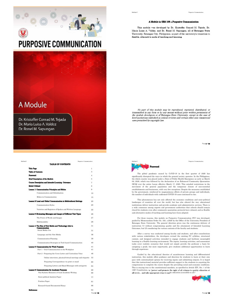 Purposive Communication - Module | PDF | Communication | Nonverbal ...