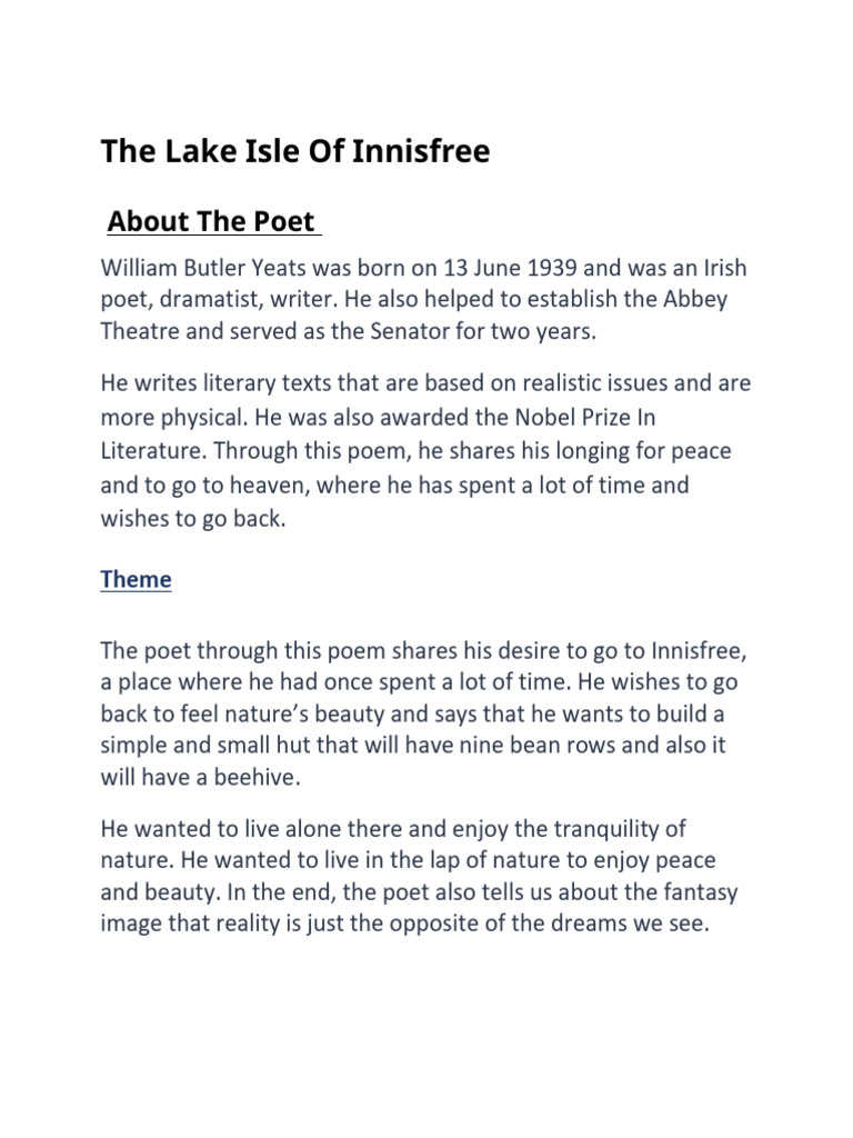 The Lake Isle of Innisfree | PDF | Poetry | W. B. Yeats