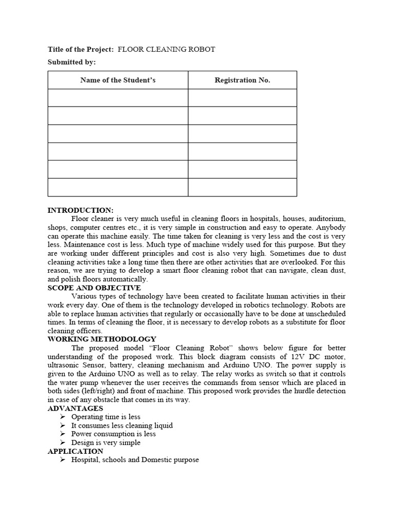 Smart Floor Cleaning Robot Project Report | PDF | Technology & Engineering