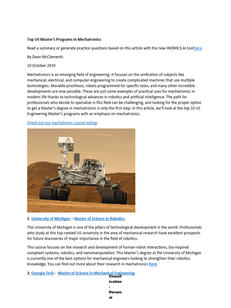 Top US Mechatronics Master's Programs | PDF | Mechanical Engineering ...