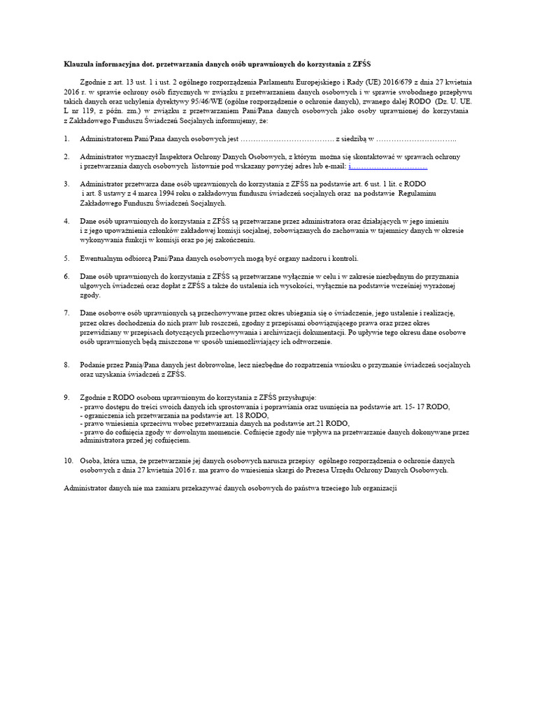 Wniosek o Przyznanie Świadczenia Socjalnego Z ZFŚS | PDF