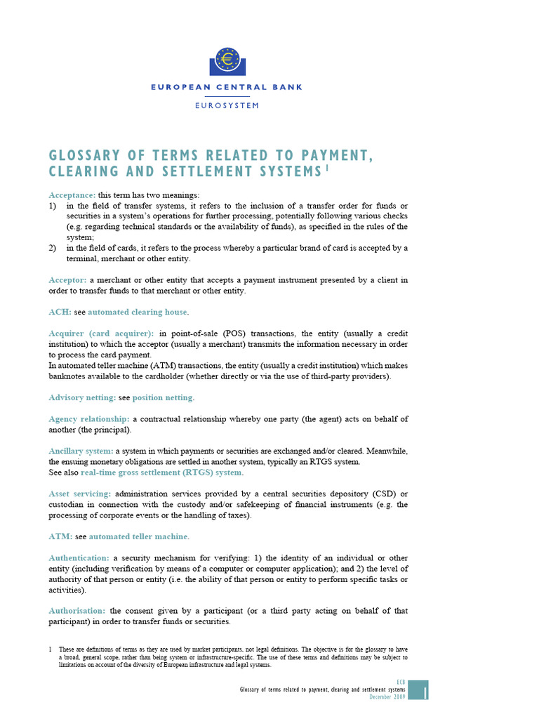 Glossary of Terms Related To Payment, Clearing and Settlement Systems ...