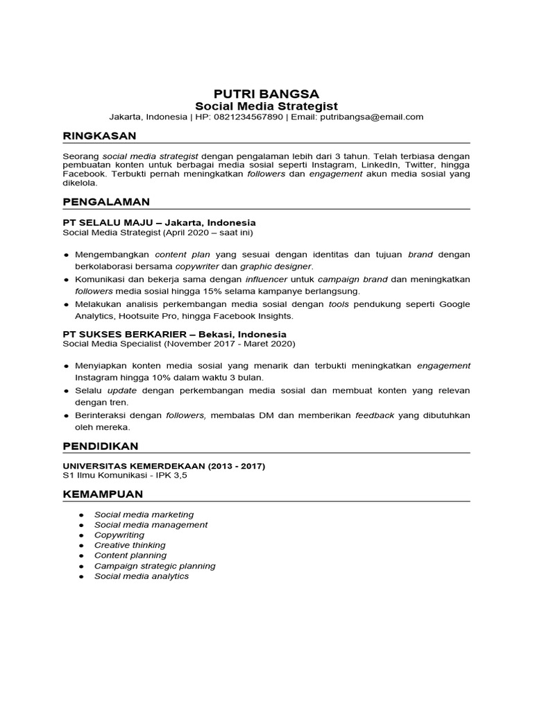 Contoh CV ATS Friendly untuk Fresh Graduate | PDF | Karier & Perkembangan