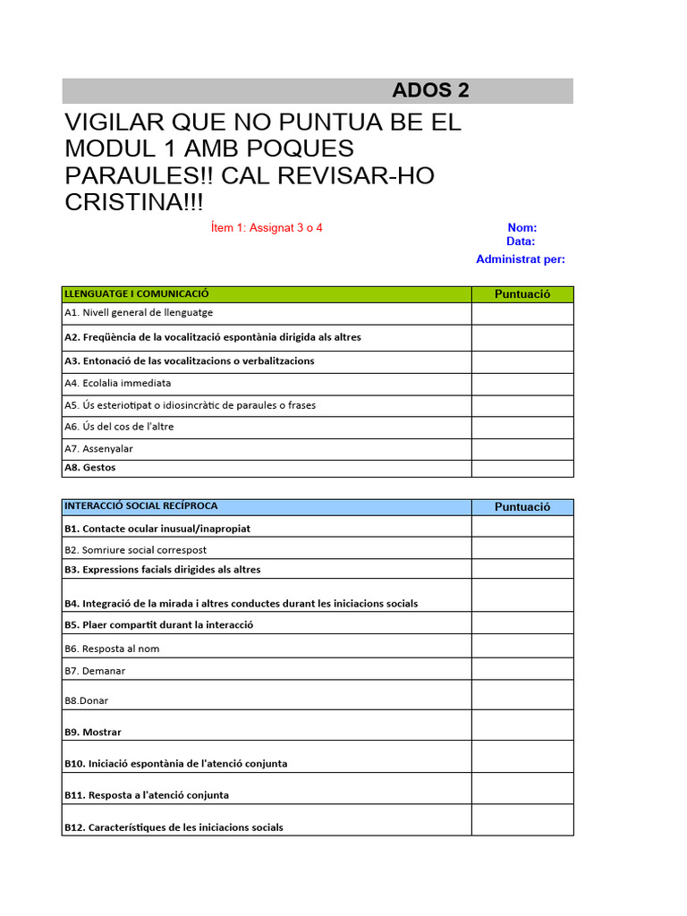 ADOS2 Plantilla Completa Excel | PDF