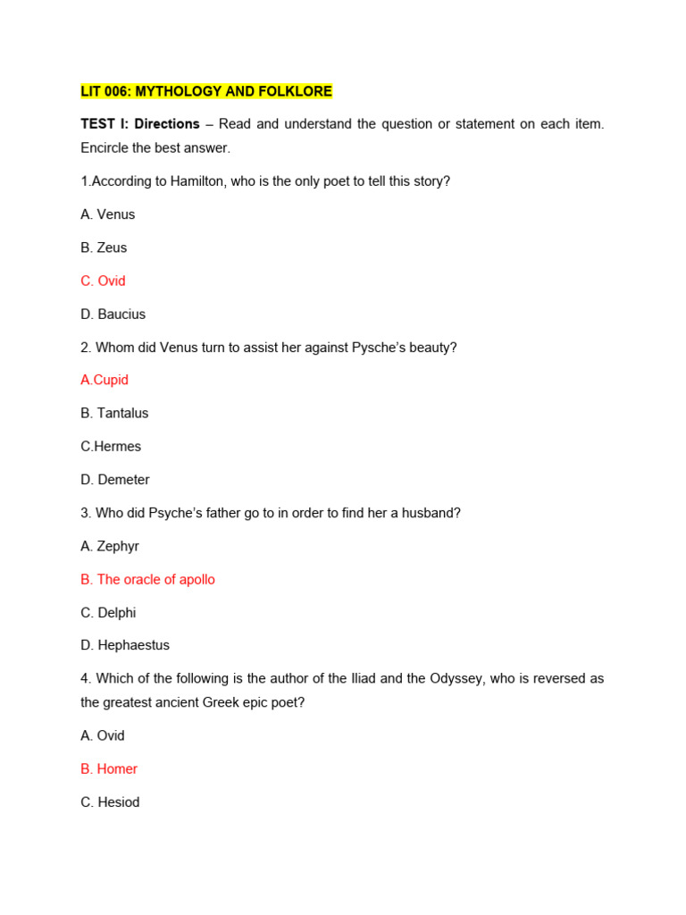 Greek Mythology Test Review Questions | PDF | Greek Mythology | Zeus