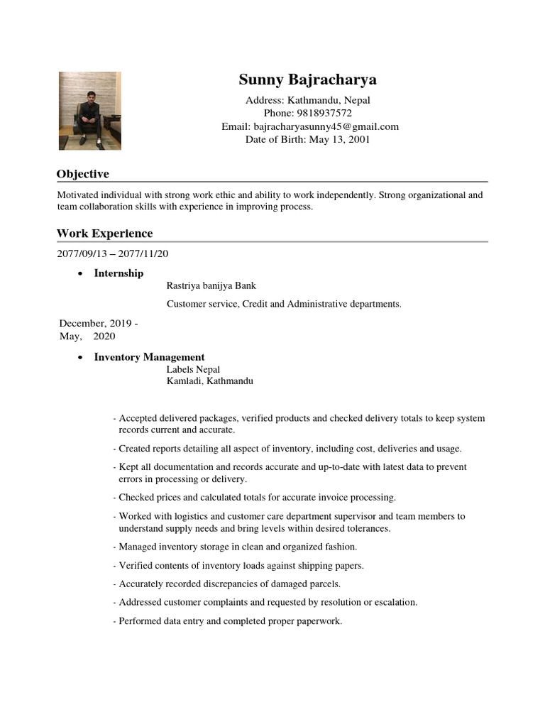 Resume Sunny Bajracharya | Download Free PDF | Inventory | Nepal