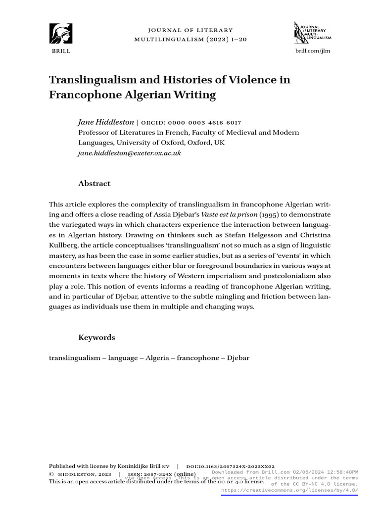 Translingualism and Histories of Violence in Francophone Algerian ...